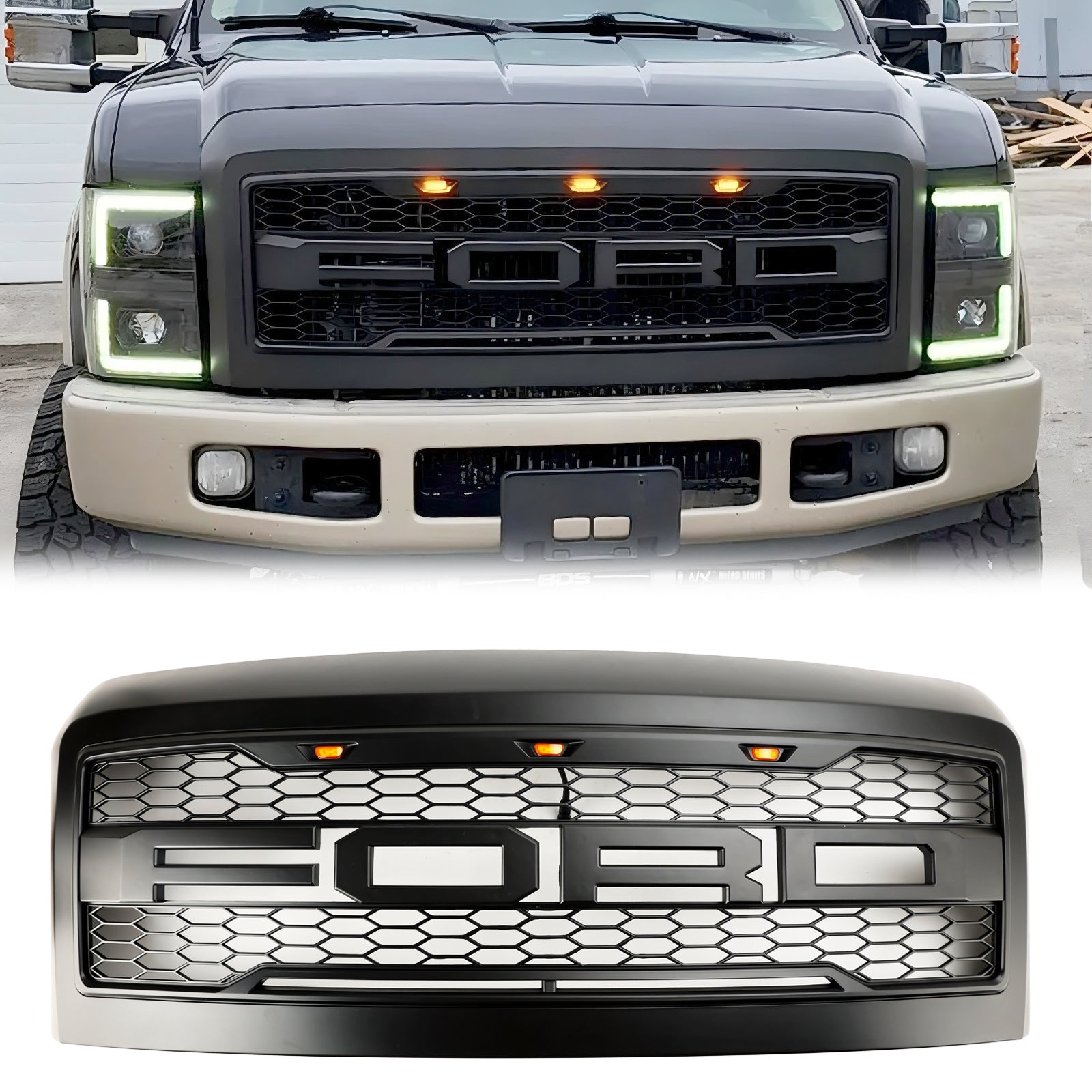 Raptor Style Grill For 2008-2010 Ford F250 F350 F450 Black Grille Uppe ...